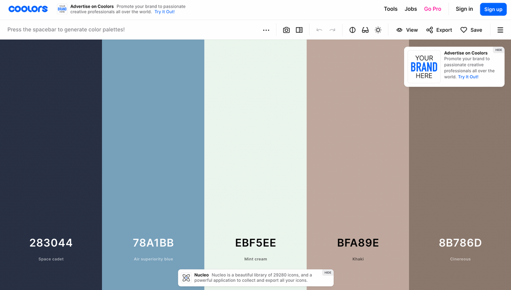 Coolors — інструмент для створення кольорових палітр